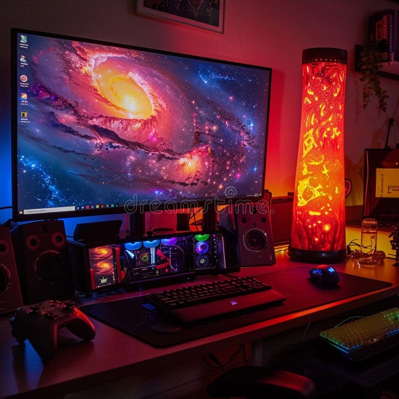 Elegant Lava Lamp, Sleek Black Computer, and Modern TV in a Stylish ...