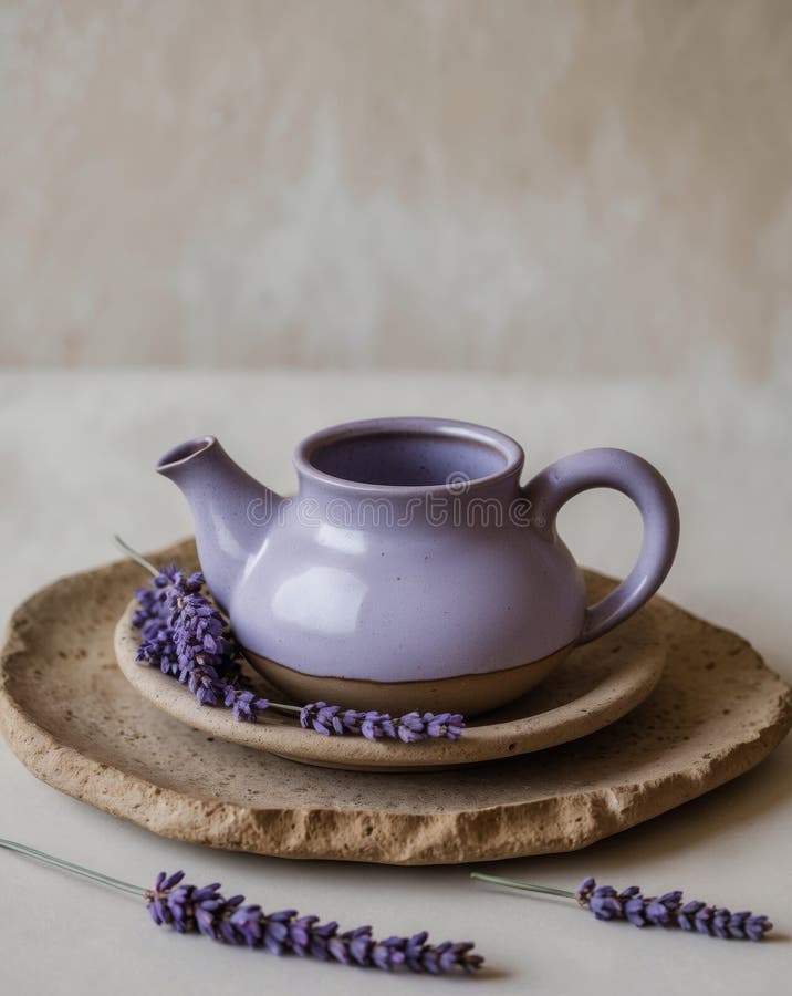 Elegant Lavender Tea Setting with Stoneware Teapot and Cup on Rustic ...