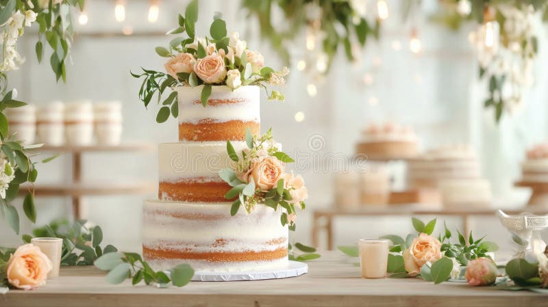 Elegant Layered Cake Adorned with Floral Decor in a Rustic Bakery ...