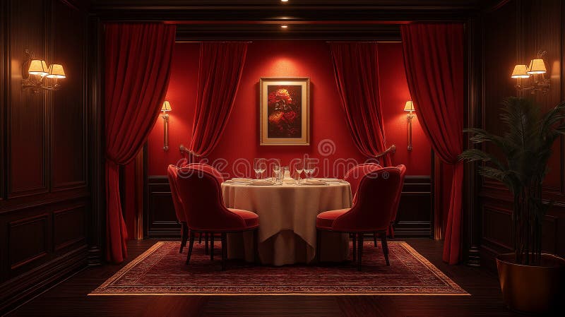 Elegant Layered Dining Room Featuring a Round Table and Cozy Red Decor ...