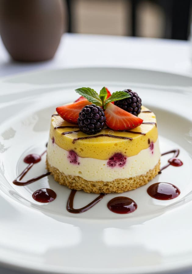 Elegant Layered Mango and Berry Dessert with Chocolate Sauce Stock ...