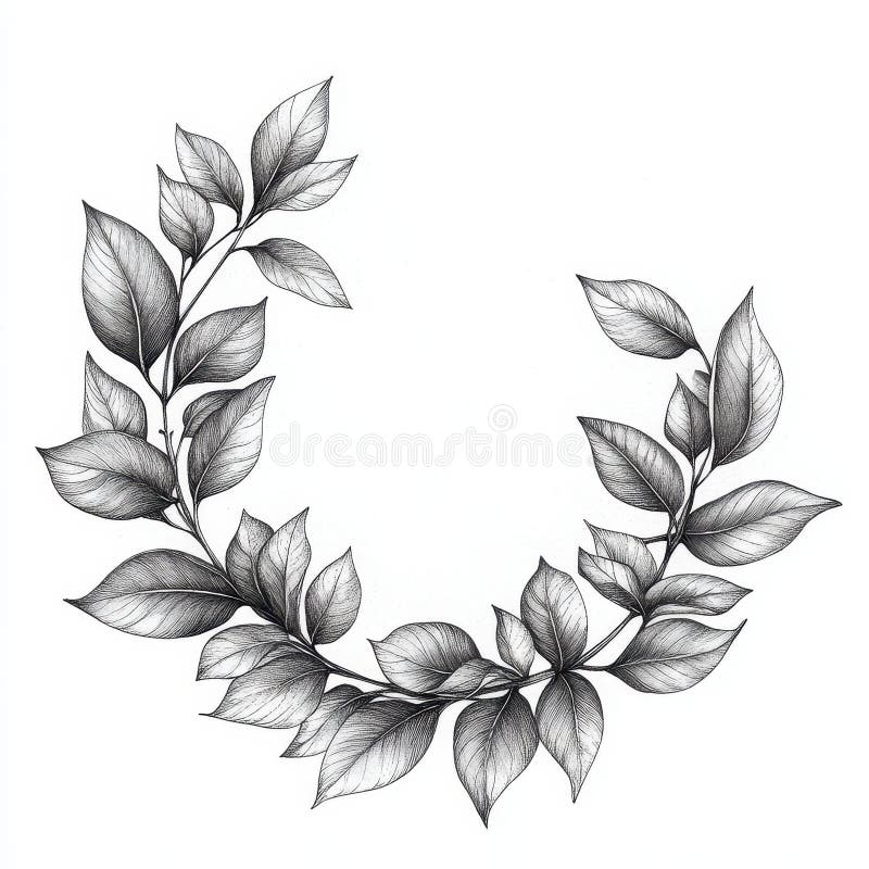 Elegant Leaf Wreath Botanical Drawing Monochrome Design Nature Art ...