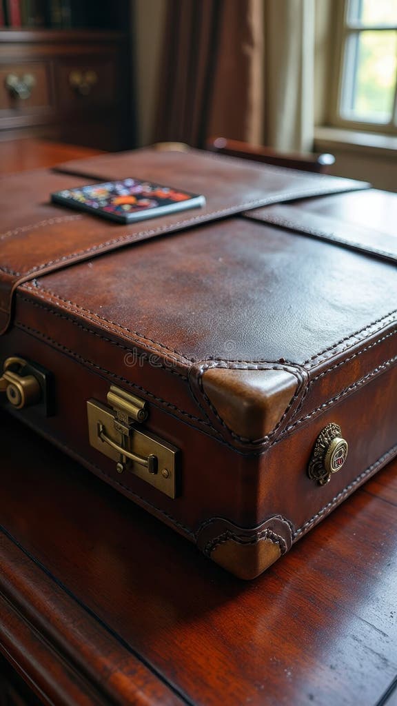 Elegant Leather Briefcase on Wooden Desk with Remote Control in Office ...