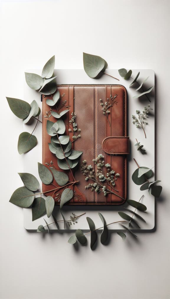Elegant Leather Notebook with Greenery Stock Image - Image of colors ...