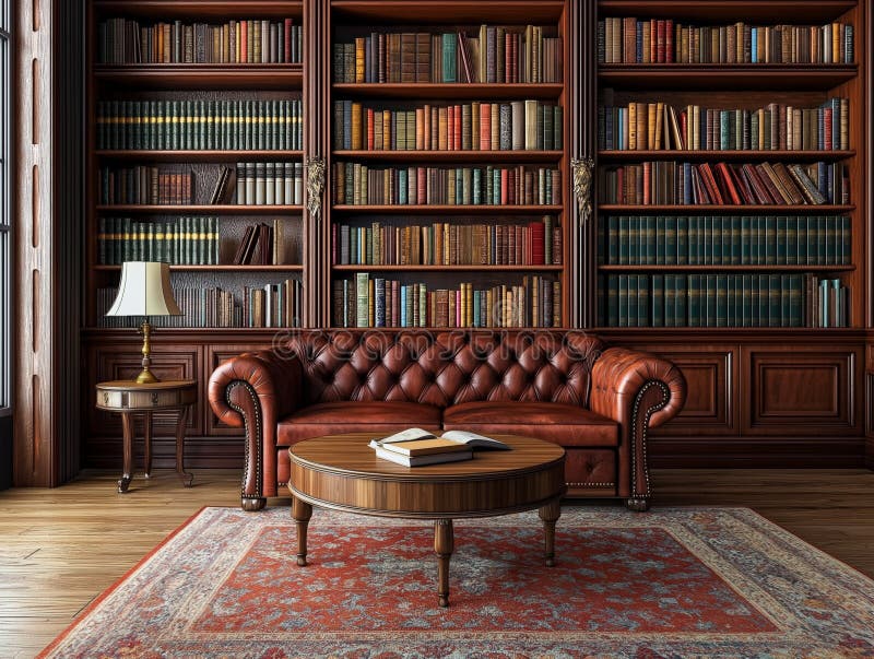 Elegant Leather Sofa in a Classic Library Setting Stock Illustration ...