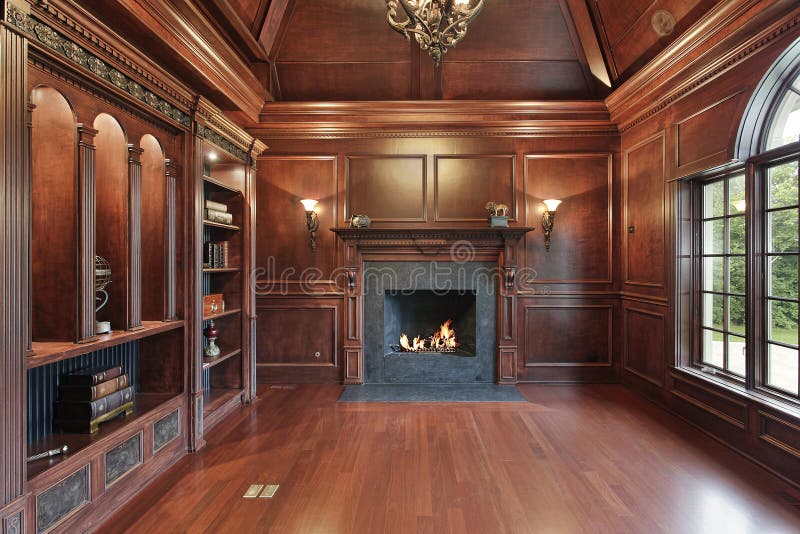 Library with Cherry Wood Paneling Stock Photo - Image of room, estate ...