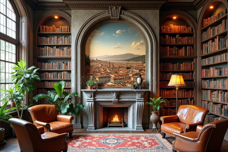 Elegant Library with Fireplace and Scenic Mural in Classic Study Room ...