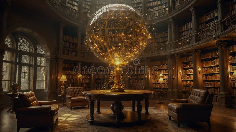 Elegant Library with Glowing Celestial Globe Centerpiece Stock ...