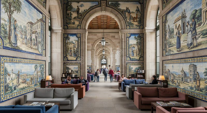 Elegant Library Interior with Azulejo Tile Murals, Arches, and Sofas ...