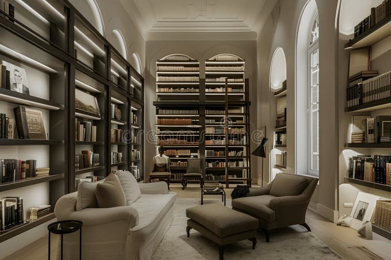 Elegant Library Interior with Bookshelves, Seating, and Warm Lighting ...