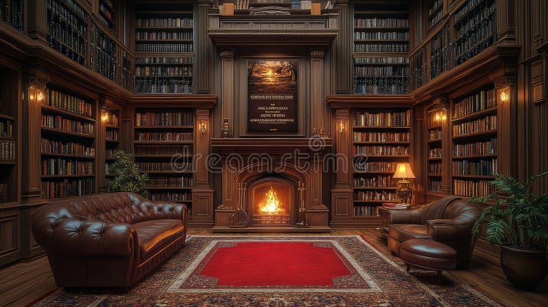 Elegant Library Interior with Cozy Seating and a Warm Fireplace ...