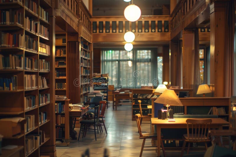 Elegant Library Interior Featuring Tall Bookshelves, a Large Study ...