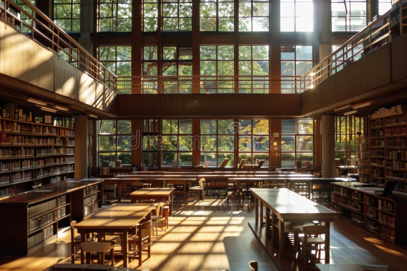 Elegant Library Interior Featuring Tall Bookshelves, a Large Study ...