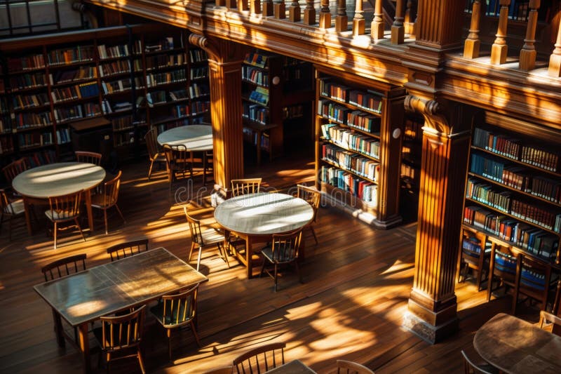 Elegant Library Interior Featuring Tall Bookshelves, a Large Study ...