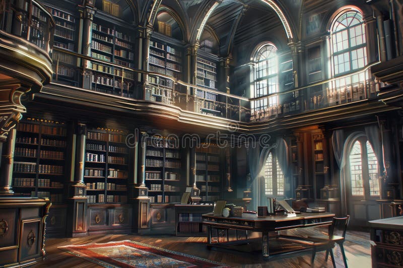 Elegant Library Interior Featuring Tall Bookshelves, a Large Study ...