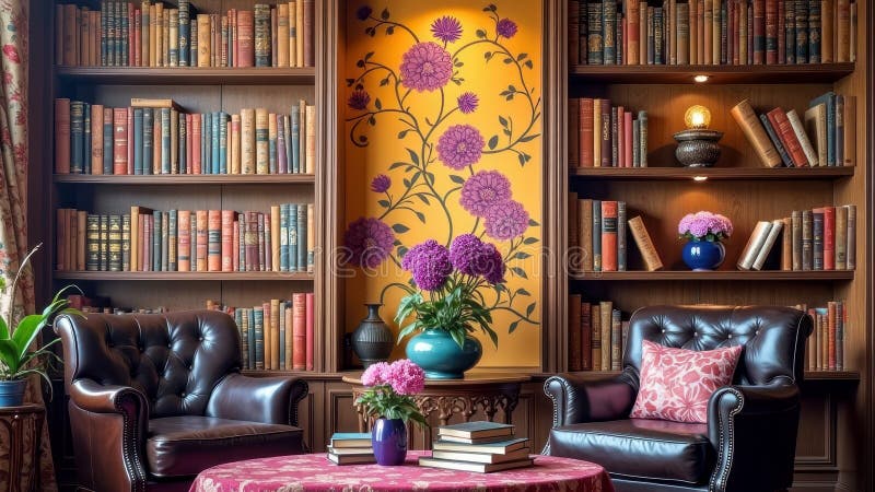 Elegant Library with Leather Armchairs and Vibrant Floral Centerpiece ...