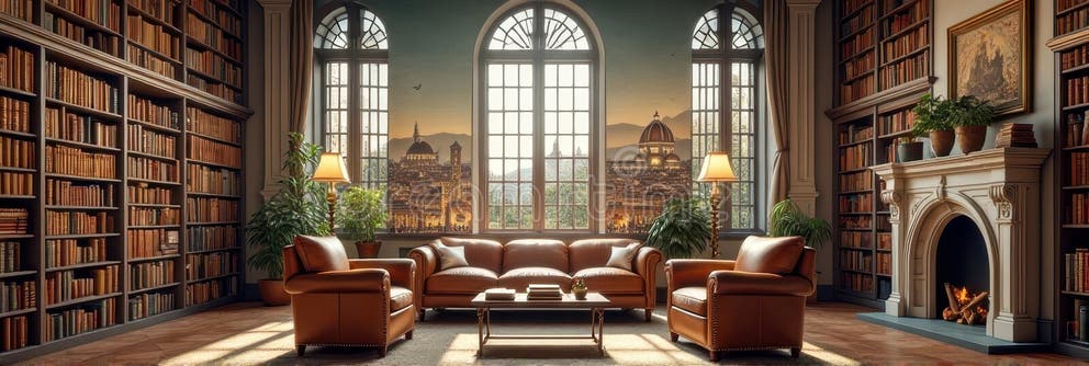Elegant Library with Leather Sofas and Fireplace Overlooking Scenic ...