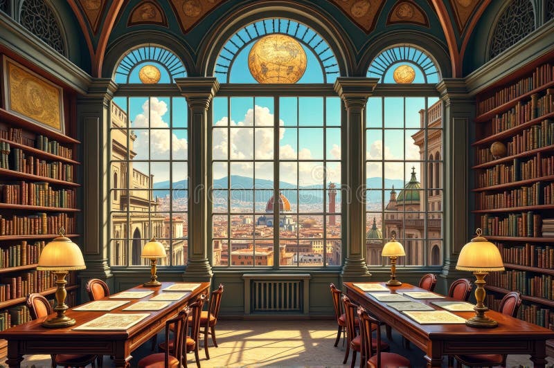 Elegant Library Reading Room with Majestic Cityscape View and Classical ...