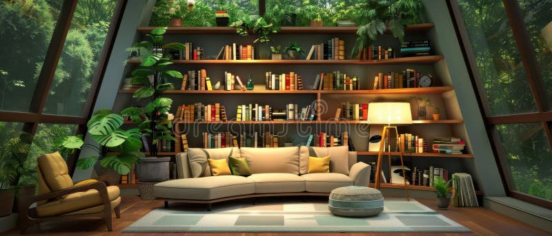 Elegant Library Setting with Natural Light, Lush Greenery, and a ...
