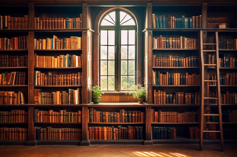 Elegant Library with Vintage Bookshelves and a Sunlit Window, Perfect ...