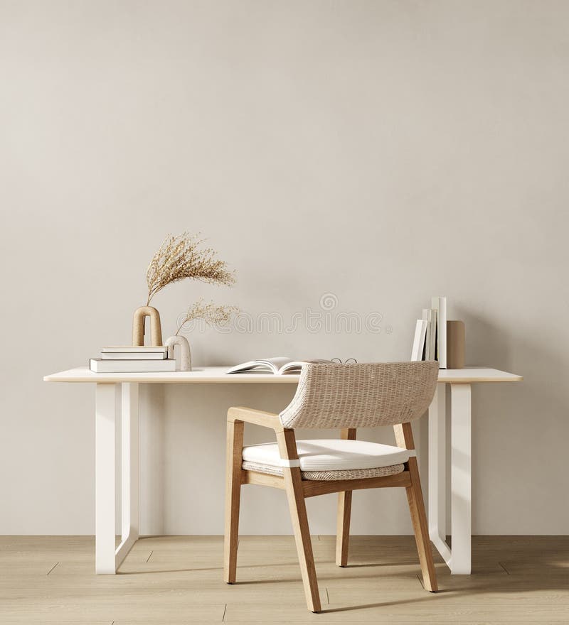 Elegant Light Beige Home Office Interior with Armchair and Empty Wall ...