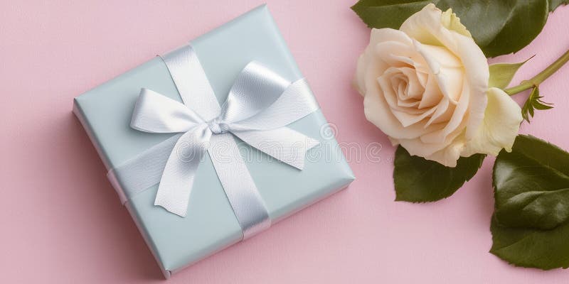Elegant Light Blue Gift Box with Cream Rose on Pink Background Romantic ...