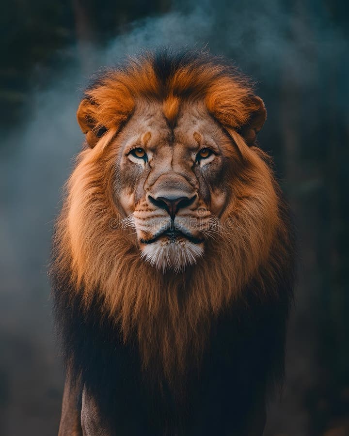 An Elegant Lion with a Crown with a Dramatic Background Stock Photo ...