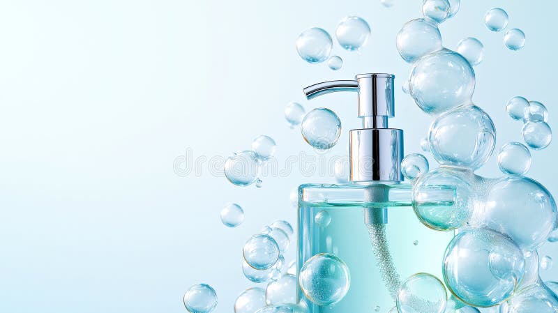 Elegant Liquid Soap Dispenser Amidst Floating Bubbles on Light Blue ...