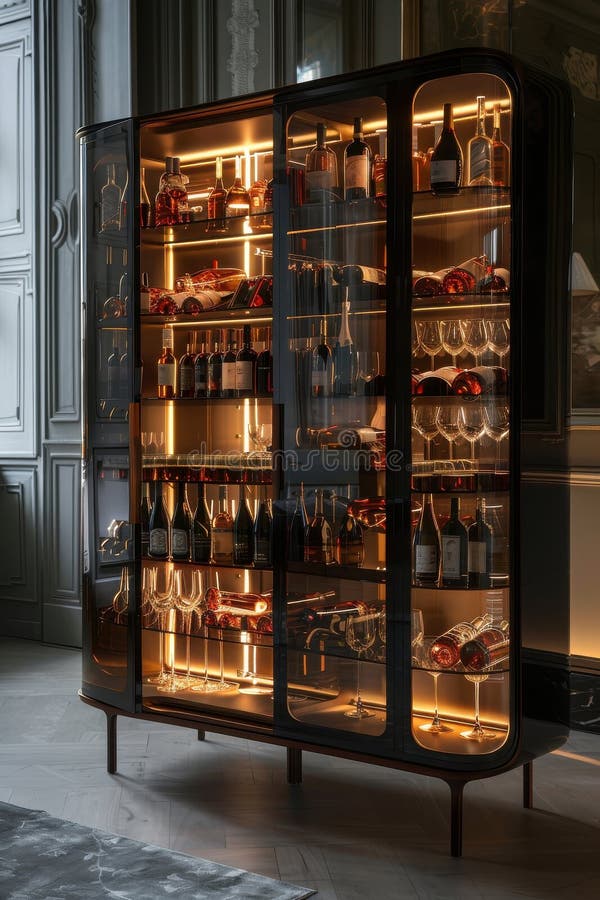 Elegant Liquor Bottles Housed in a Display Case Stock Photo - Image of ...