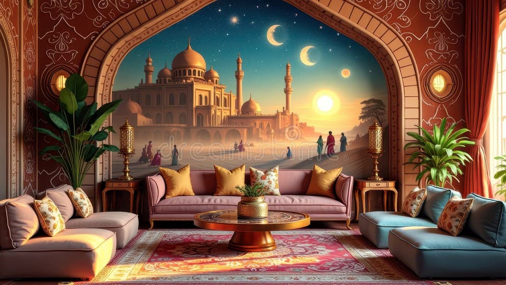 Elegant Living Room with Arabic Architecture and Celestial Mural Stock ...