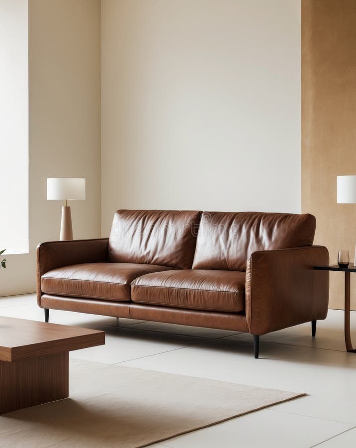 Elegant Living Room with Brown Leather Sofa and Coffee Table Decor ...