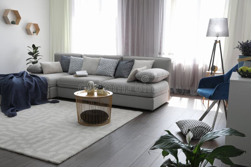 Elegant Living Room with Comfortable Sofa Near Windows. Interior Design ...