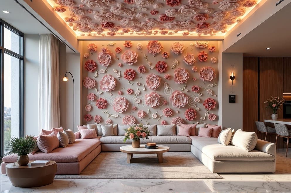 Elegant Living Room with Floral Ceiling and Modern Decor Stock Photo ...