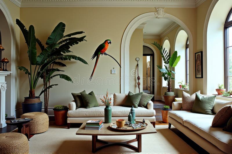 Elegant Living Room with Greenery and Vibrant Parrot Decor in Luxurious ...