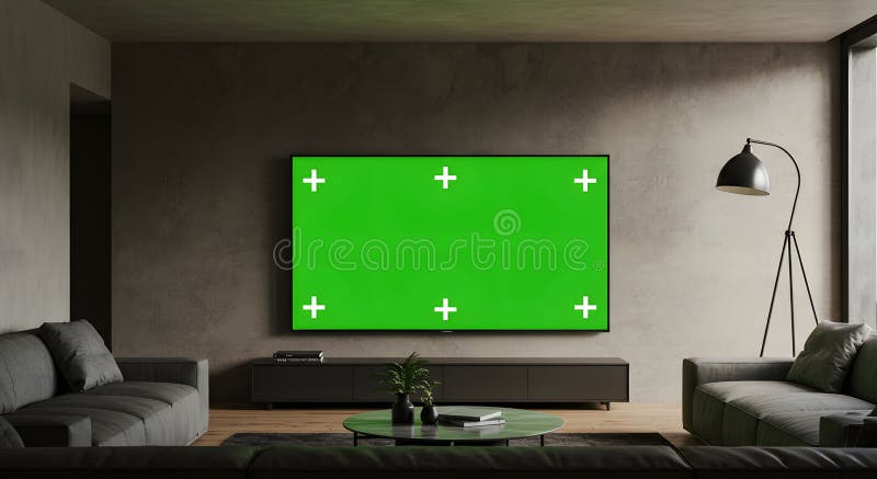 Modern Living Room with Green Screen TV Stock Photo - Image of green ...