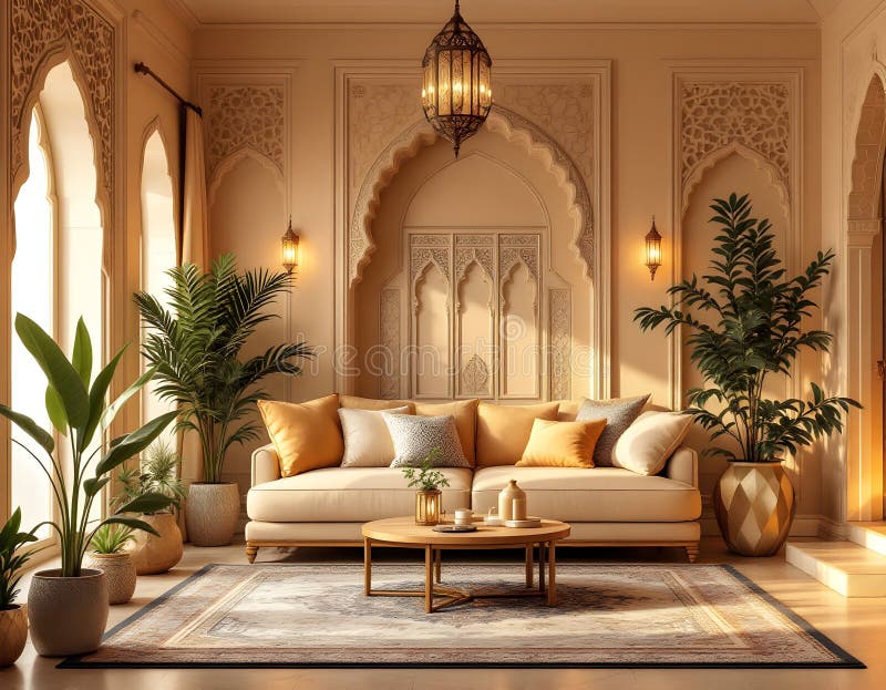 Elegant Living Room with Middle Eastern Design and Comfortable Beige ...