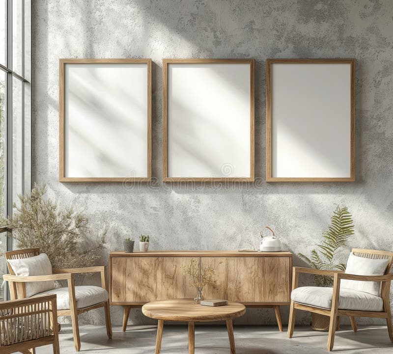 Elegant Living Room with Natural Oak Wood Decor and Three Empty ...