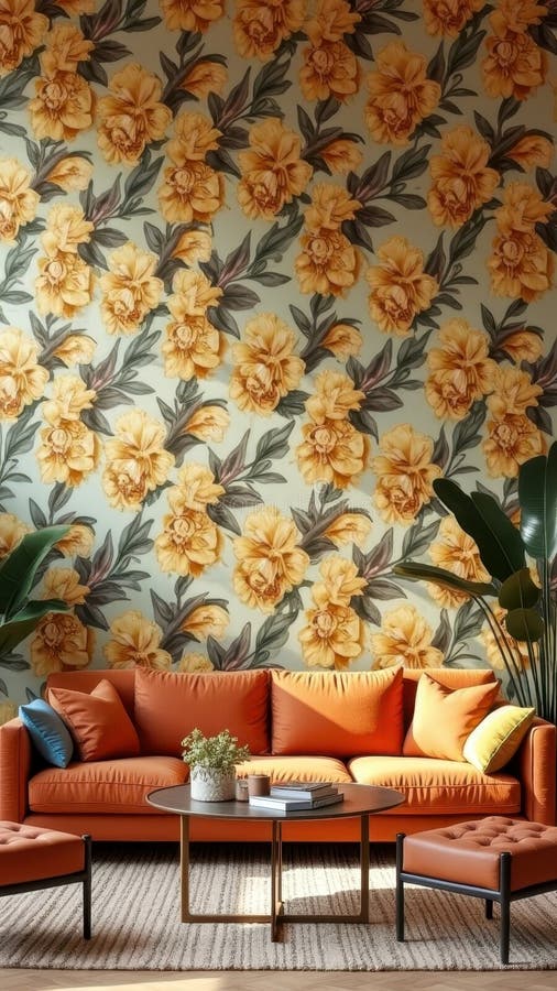 Elegant Living Room with Orange Sofa and Floral Wallpaper Stock Image ...