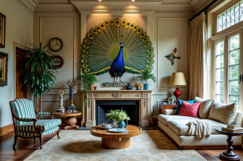 Elegant Living Room with Peacock Wall Decor and Cozy Seating Stock ...