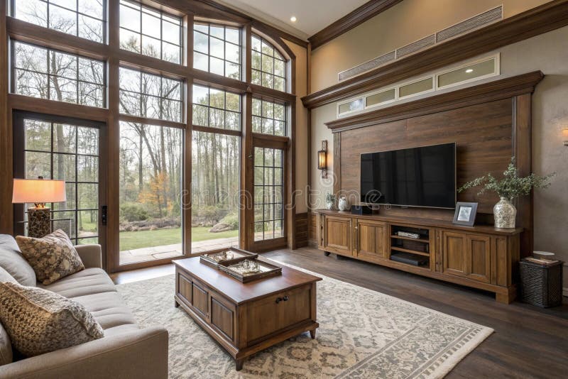 Elegant Living Room with Window Wall Stock Illustration - Illustration ...