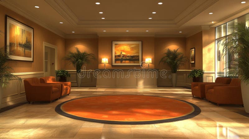 Elegant Lobby Interior Design with Orange Accents Stock Illustration ...