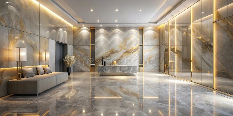 Elegant Lobby with Marble Walls and Polished Floors, Modern Seating and ...