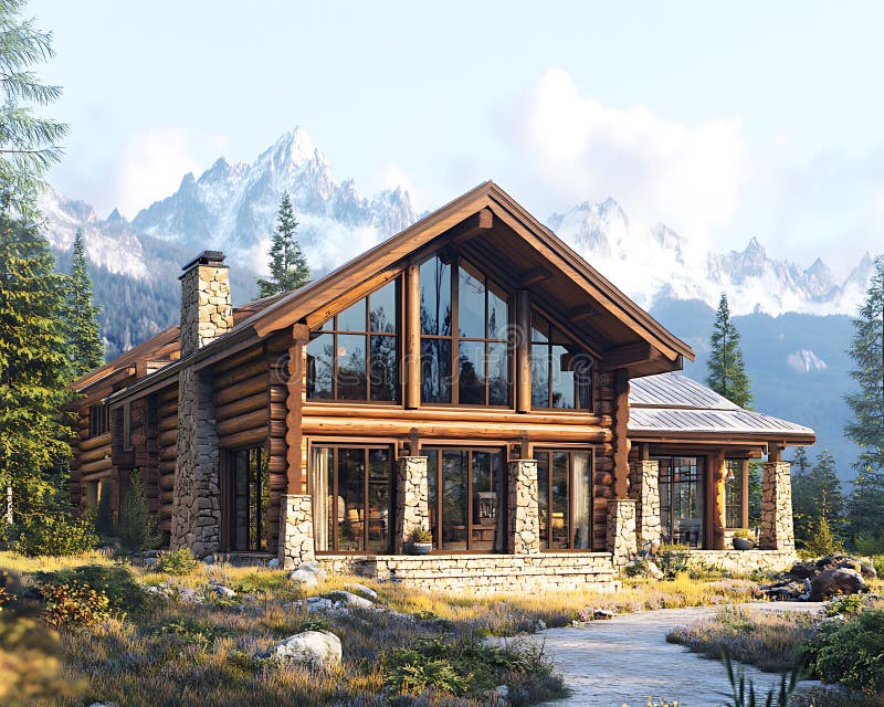 Elegant Log Cabin with Large Windows, Stone Columns Stock Illustration ...