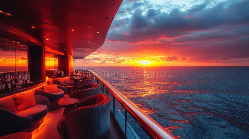 Elegant Lounge Setting Overlooking a Vibrant Sunset on the Ocean from a ...