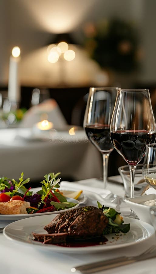 Elegant Low Angle Capture of a Luxurious Hotel Dinner Featuring Beef ...