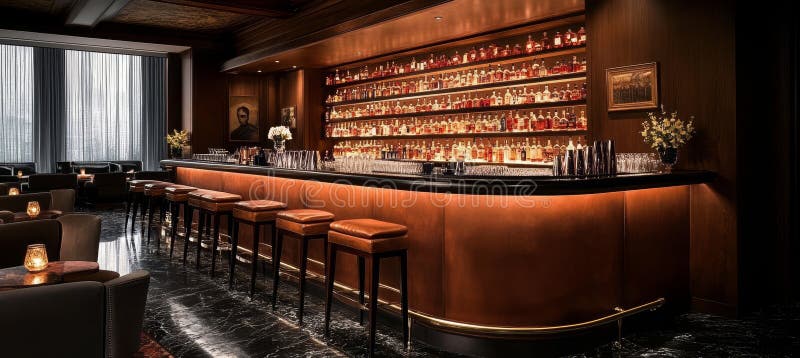 Elegant and Luxurious Interior Empty Bar Counter with Bar Stools and ...
