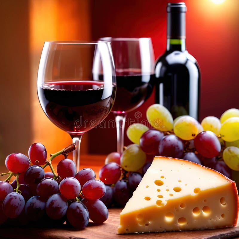 Elegant Luxury Arrangement of Red Wine, Grapes, and Cheese Stock ...