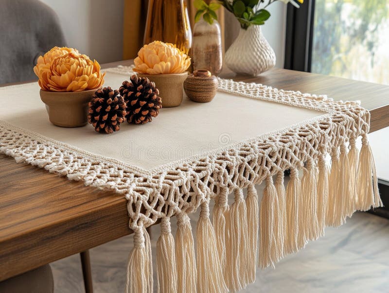 Elegant Macrame Table Runner with Knotted Patterns Stock Illustration ...
