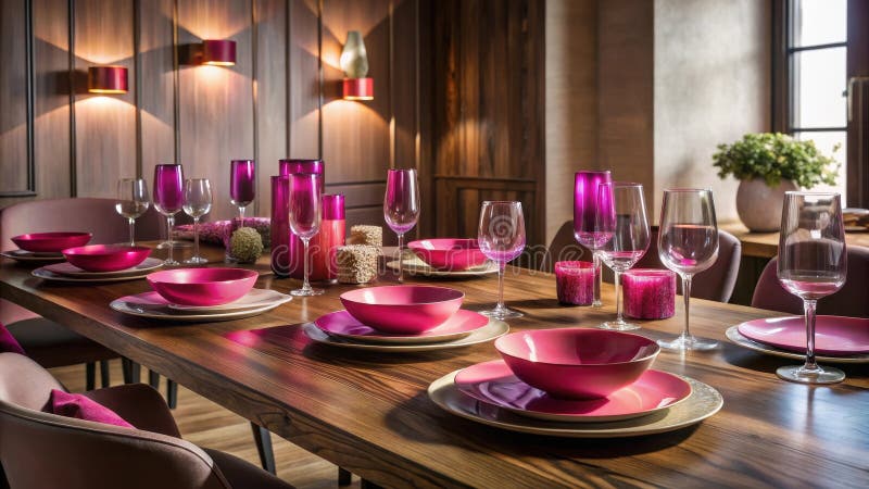 Elegant Magenta Dinnerware and Glassware Set on a Rich Wood Table with ...