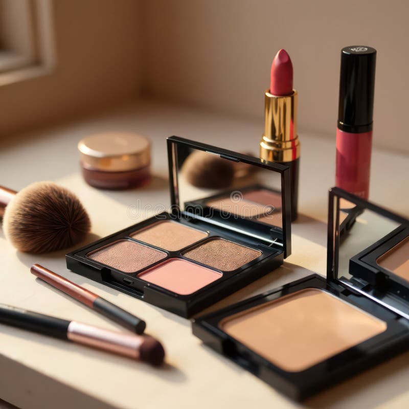 Elegant Makeup Collection: Lipstick, Brushes, and Palette on Vanity ...